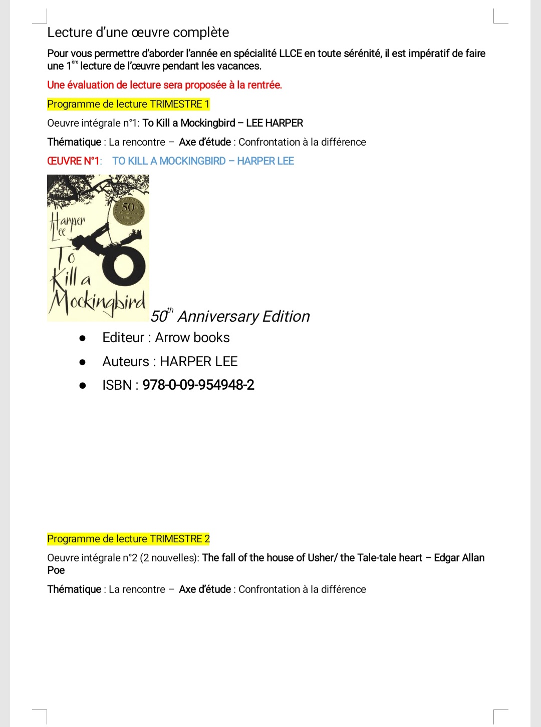 Les oeuvres au programme de LLCE – LGT Jardin d'Essai